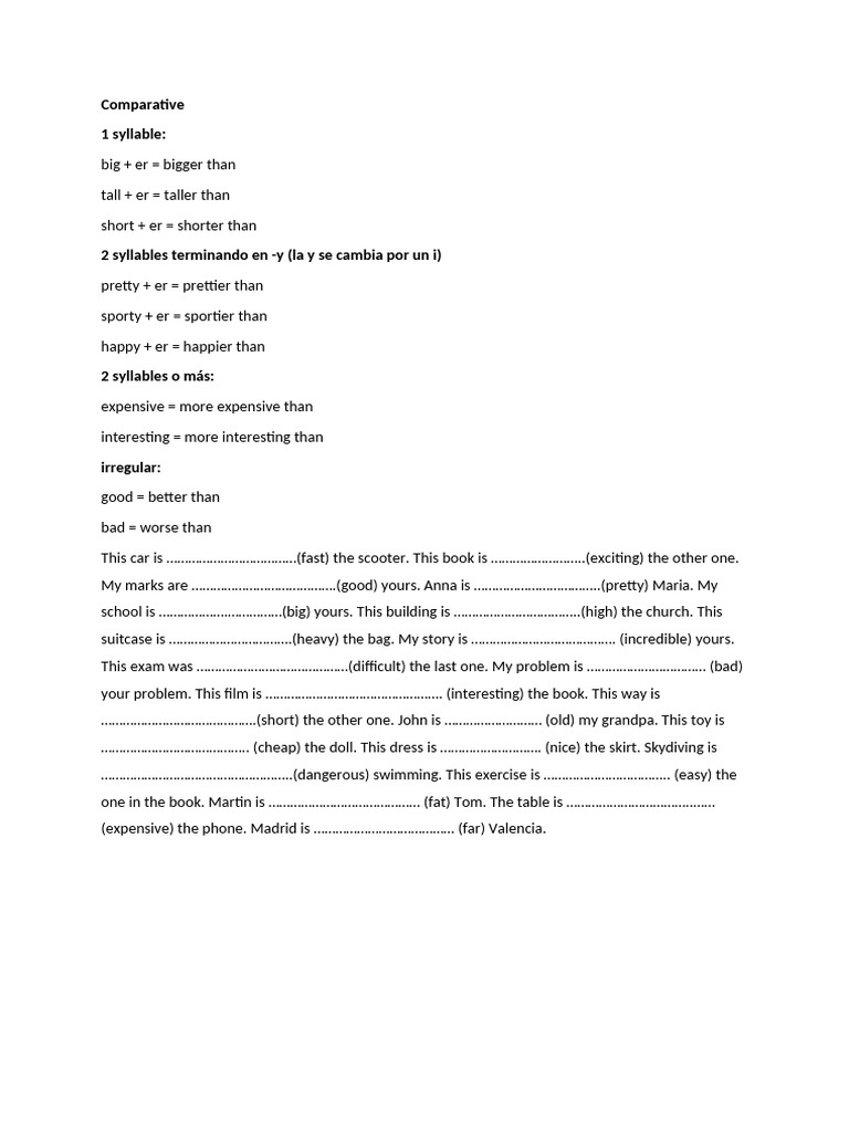 Comparative Adjectives Theory and Exercise | PDF