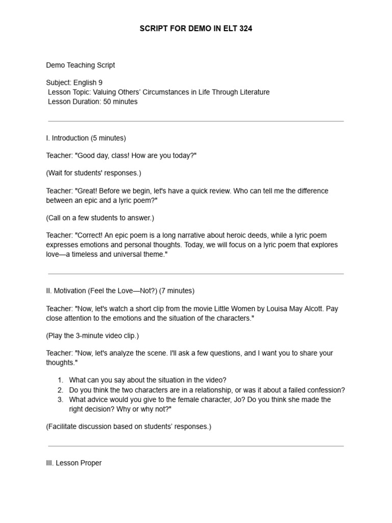 ELT 324 DEMO SCRIPT | PDF | Love | Poetry
