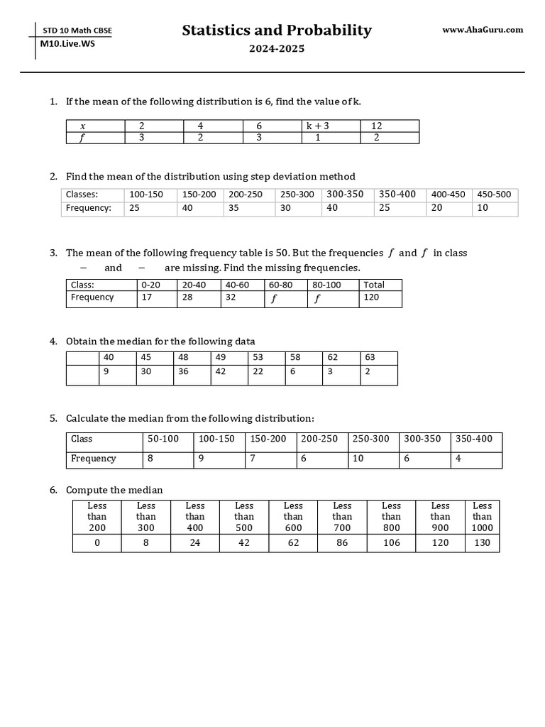 Std10-Math-CBSE-WS 9- Statistics and Probability _03 Feb 25_1738583752424_4fzbz | PDF | Mode ...