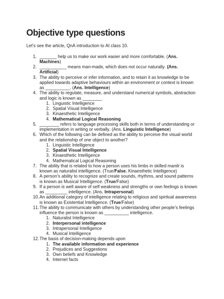 Class 10 Introduction To Ai Important Questions | PDF | Artificial ...