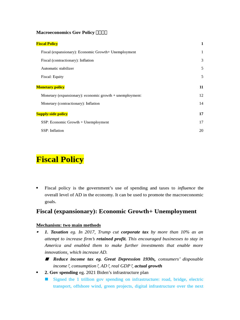 IB Macro Policy大纲-必须掌握 | PDF | Fiscal Policy | Inflation
