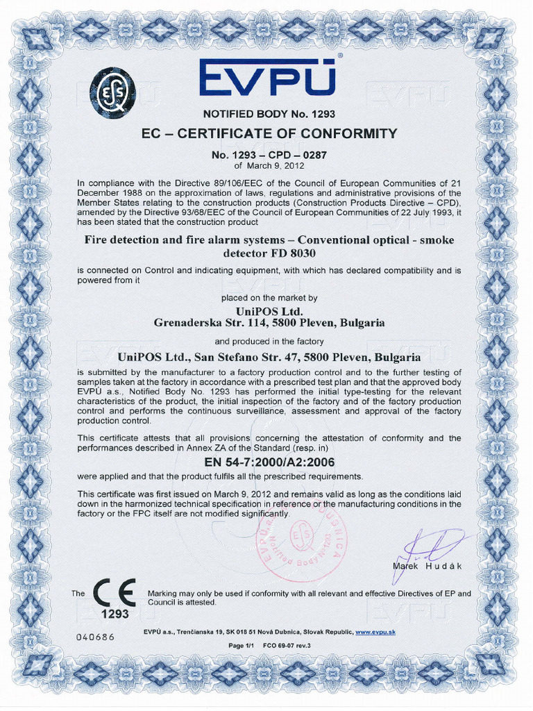 FD 8030 Smoke Detector Compliance Certificate | PDF