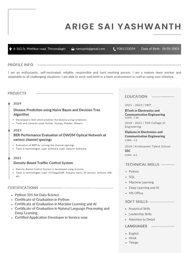 Arige Sai Yashwanth_Resume | PDF | Machine Learning | Computing