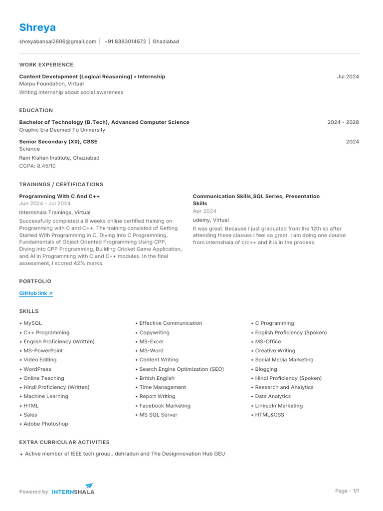 Shreya's Tech and Content Resume | PDF | Computing