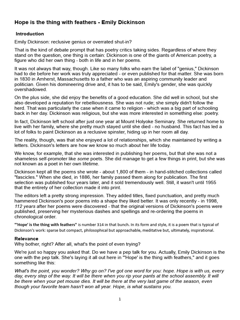 Emily Dickinson's "Hope" Poem Analysis | PDF | Emily Dickinson ...