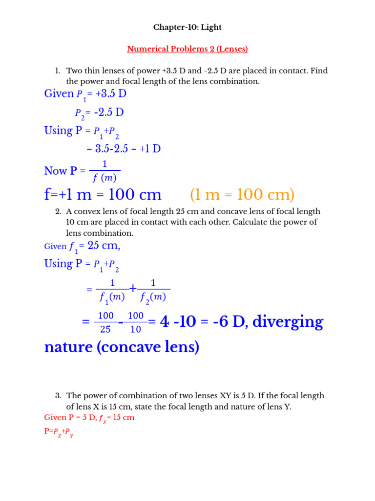 Chapter-10 Numerical Problems 2 (Lenses) | PDF | Applied And ...
