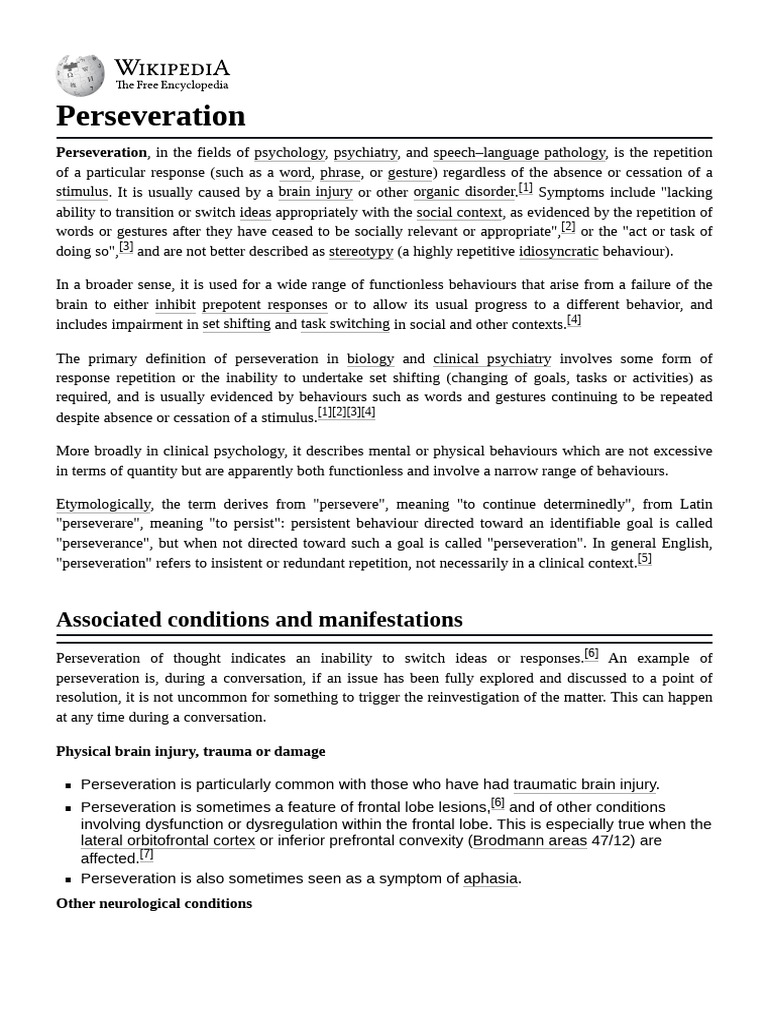 Perseveration | PDF | Behavioural Sciences | Abnormal Psychology