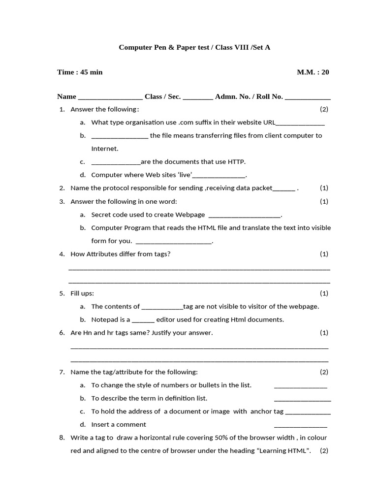 Computer Pen&paper Set A | PDF | Html Element | Html