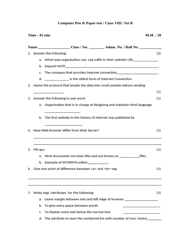 html computer pen&paper Set B | PDF | Html | World Wide Web