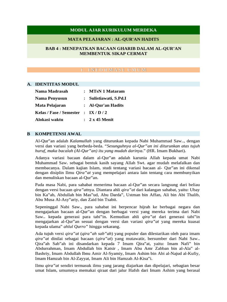 Modul Qurdis 9 Bab 4 - Menepatkan Bacaan Gharib Dalam Al-Qur'an Membentuk Sikap Cermat | PDF