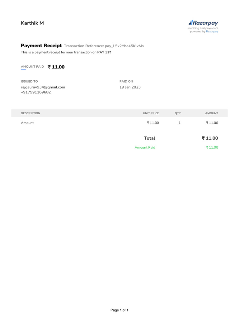 Razorpay Payment Receipt - ₹11 Transaction | PDF