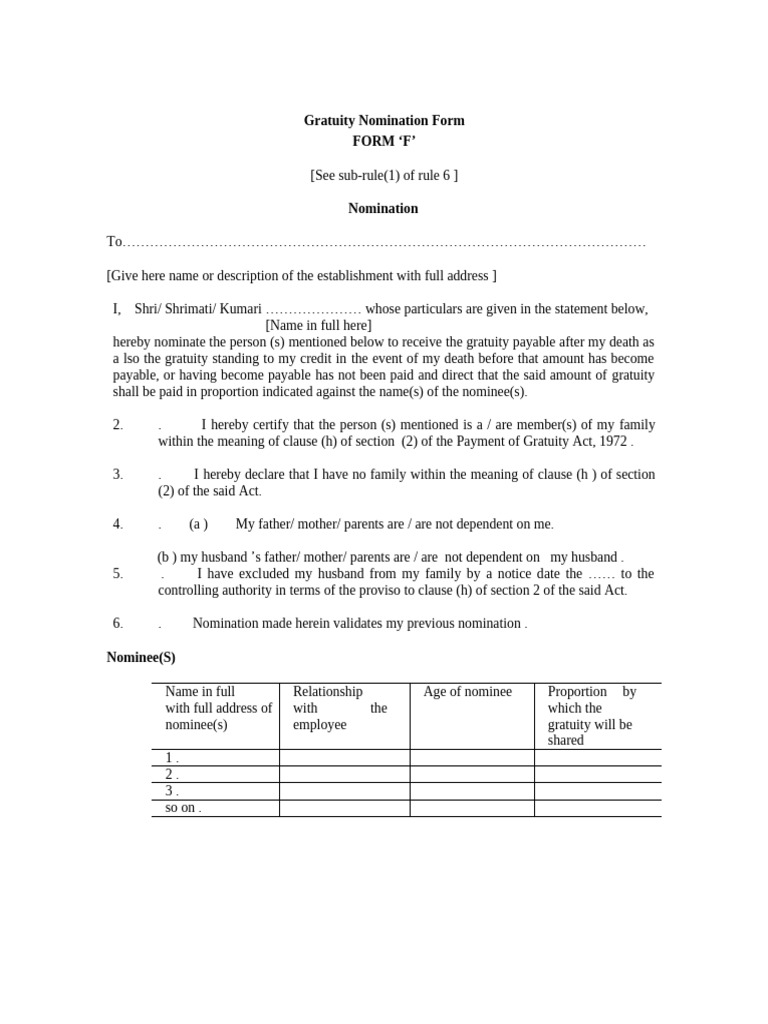 Gratuity Nomination Form | PDF