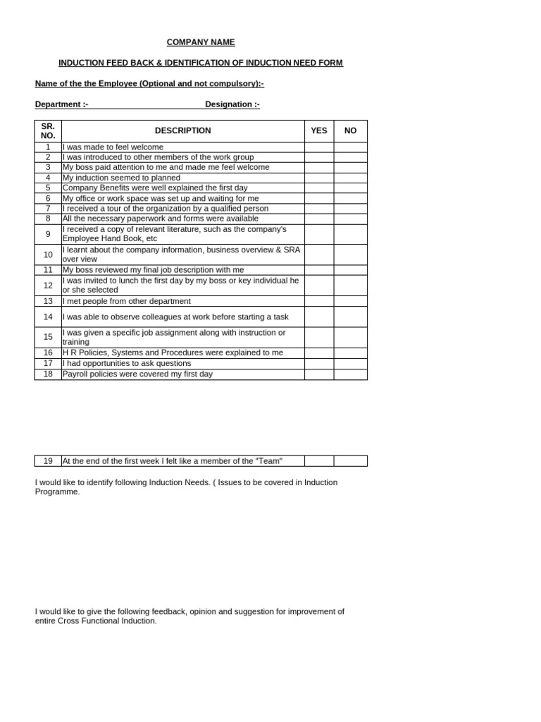 Induction Feedback Form | PDF