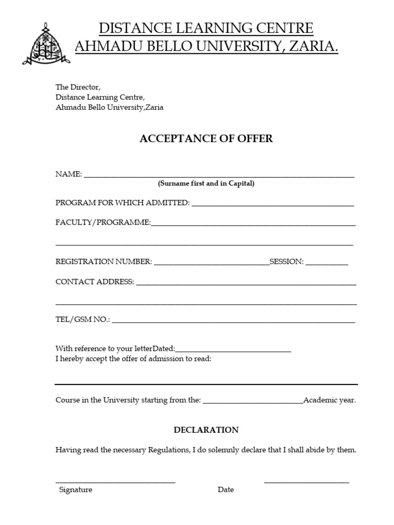 Acceptance of Admission Offer Form | PDF