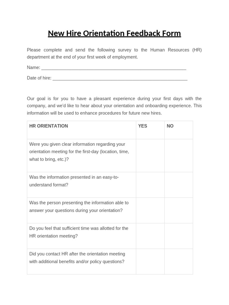 New Hire Orientation Feedback Form | PDF | Industrial And ...