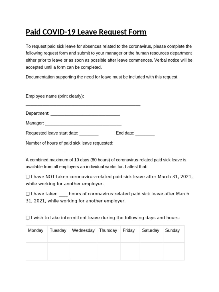 COVID-19 Paid Leave Request Form | PDF | Sick Leave | Quarantine