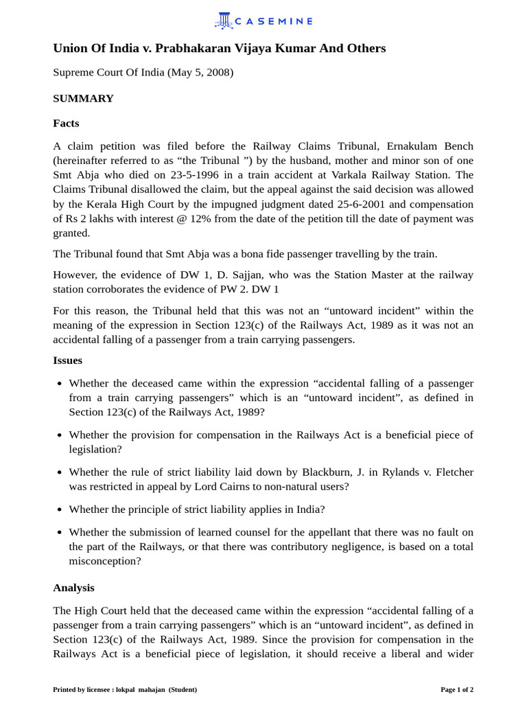CASEMINE - Union of India v. Prabhakaran Vijaya Kumar and Others | PDF ...