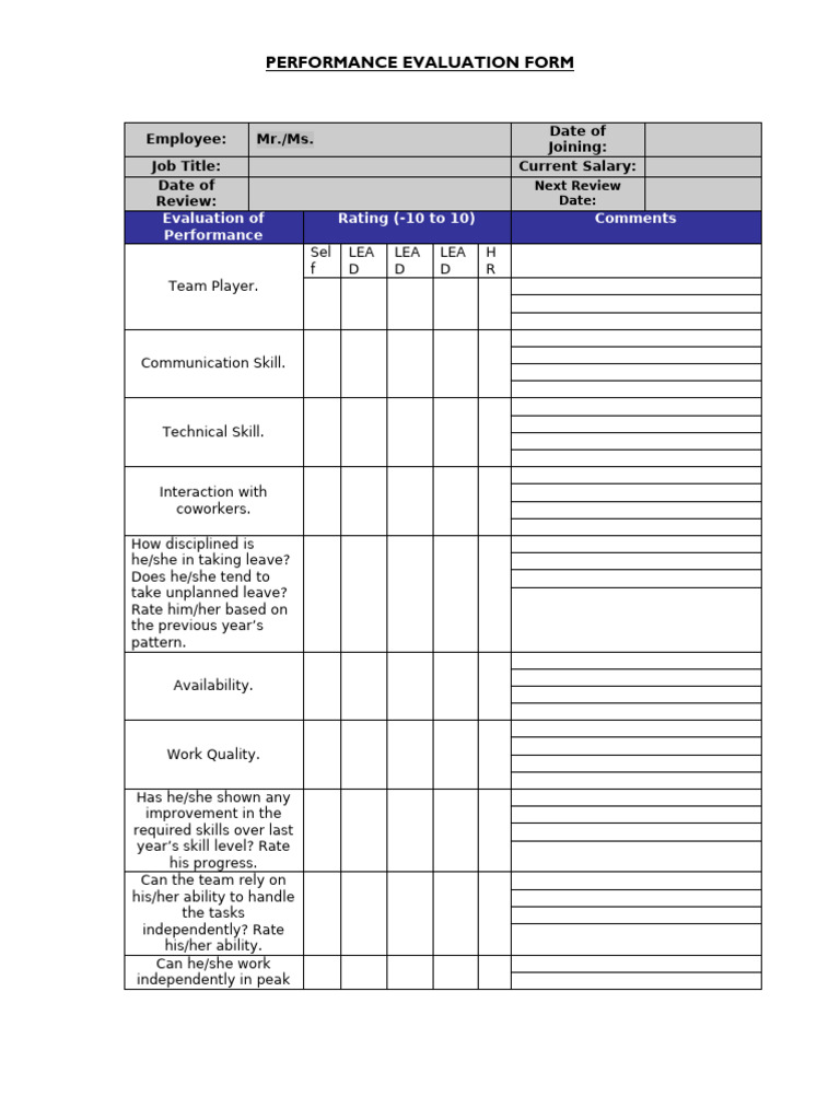 Employee Performance Evaluation Form | PDF | Performance Appraisal | Skill