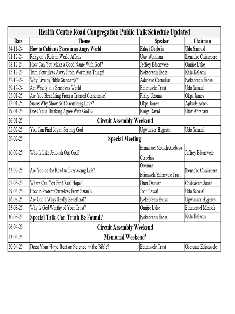 Updated Public Talk Schedule | PDF | Theology | Religious Belief And Doctrine