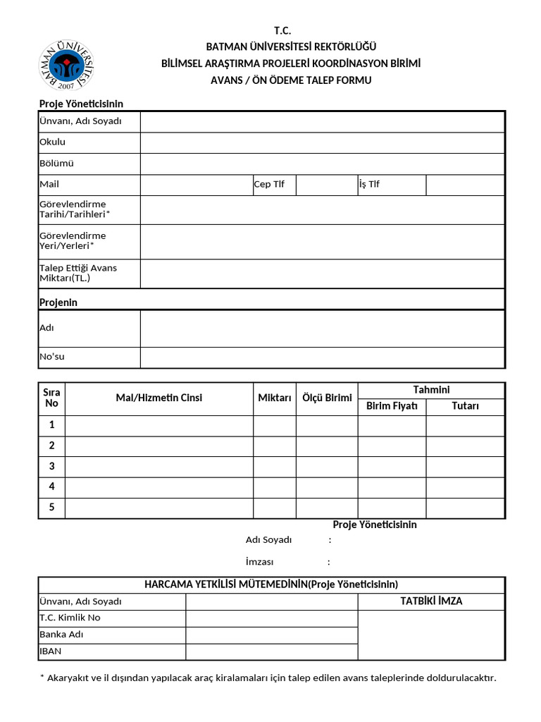 Avans - Ön Ödeme Talep Formu. | PDF