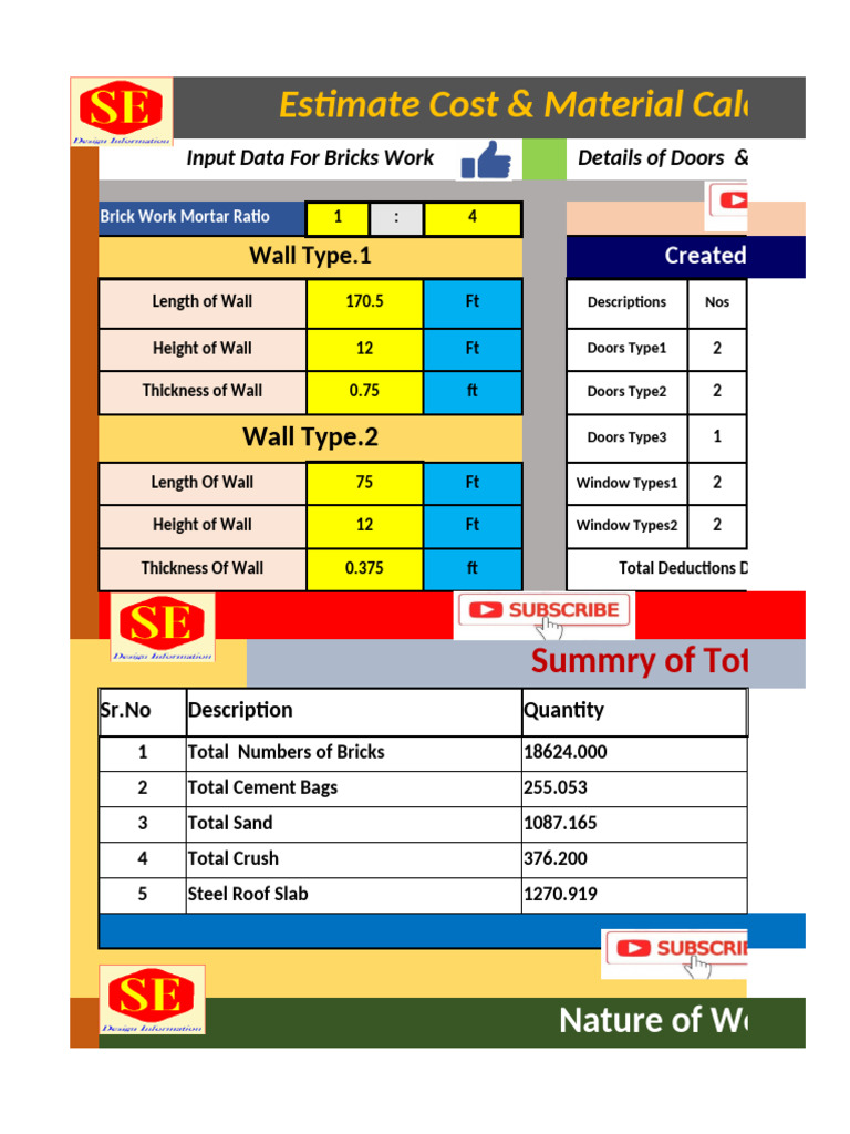 Estimate Cost & Material Calculations of House Bricks Cement & Sand ...