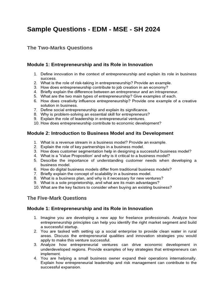 Sample Questions - EDM - MSE - SH 2024 | PDF | Entrepreneurship ...