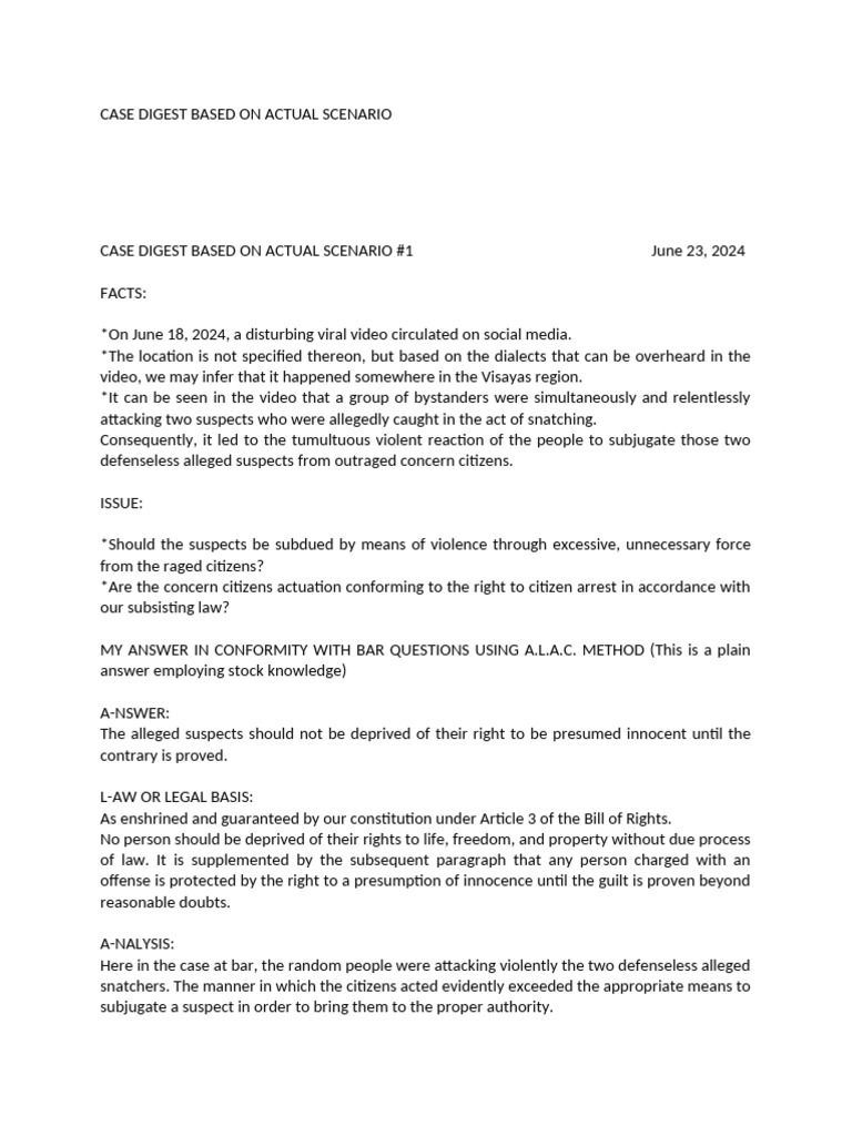 CASE DIGEST BASED ON ACTUAL SCENARIO - 2024 | PDF | Self Defense ...