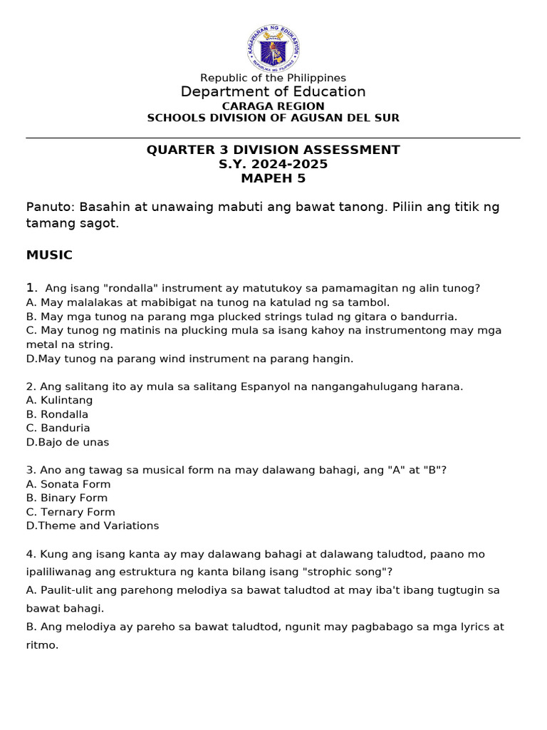 MAPEH5 THIRD QUARTER EXAM DIVISIONdocx | PDF