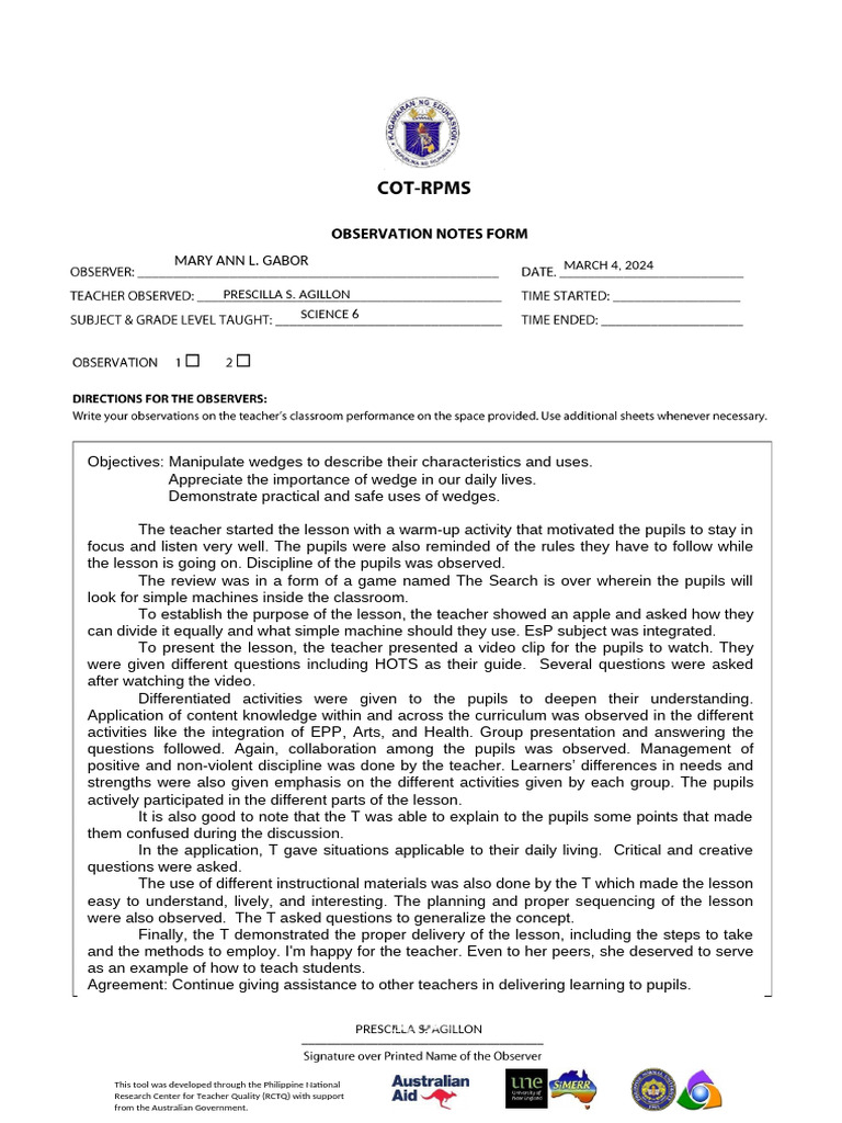 Cot 3 Observation Notes - Science 6 | PDF | Teachers | Curriculum
