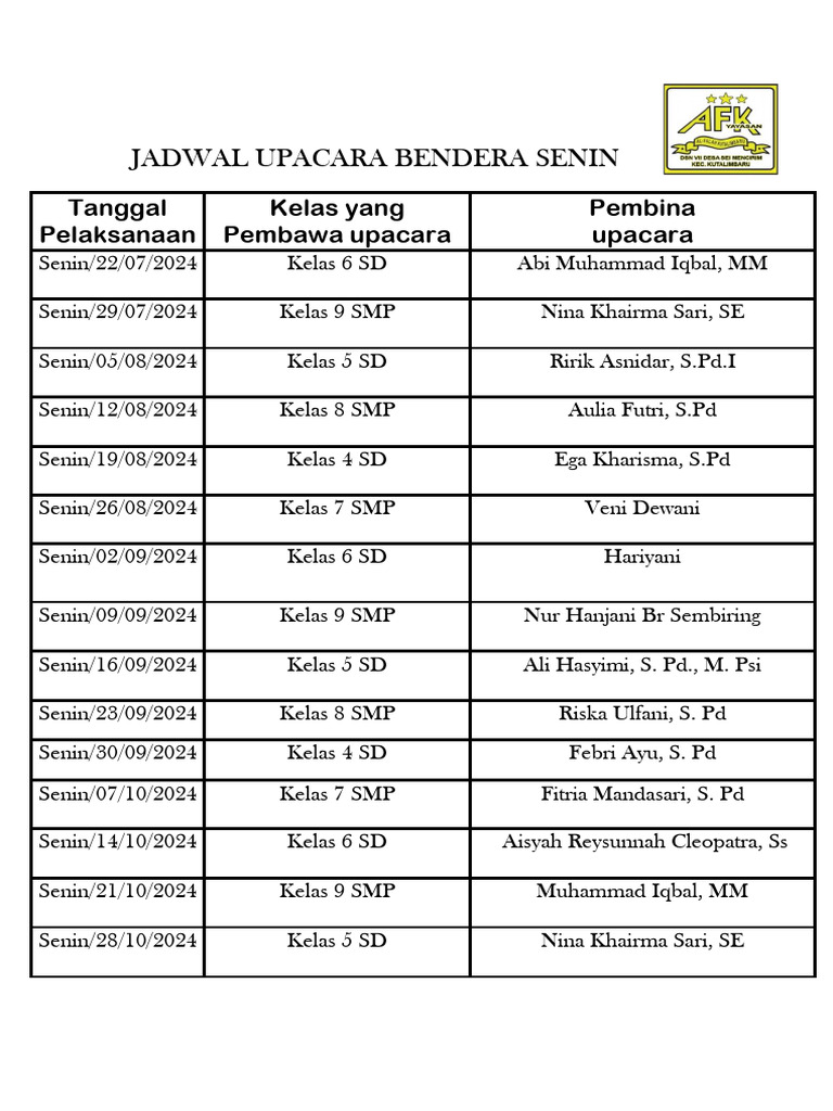 JADWAL UPACARA BENDERA SENIN-1 | PDF