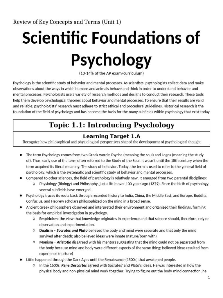 REVIEW (Unit 1) - Scientific Foundations of Psychology | PDF ...