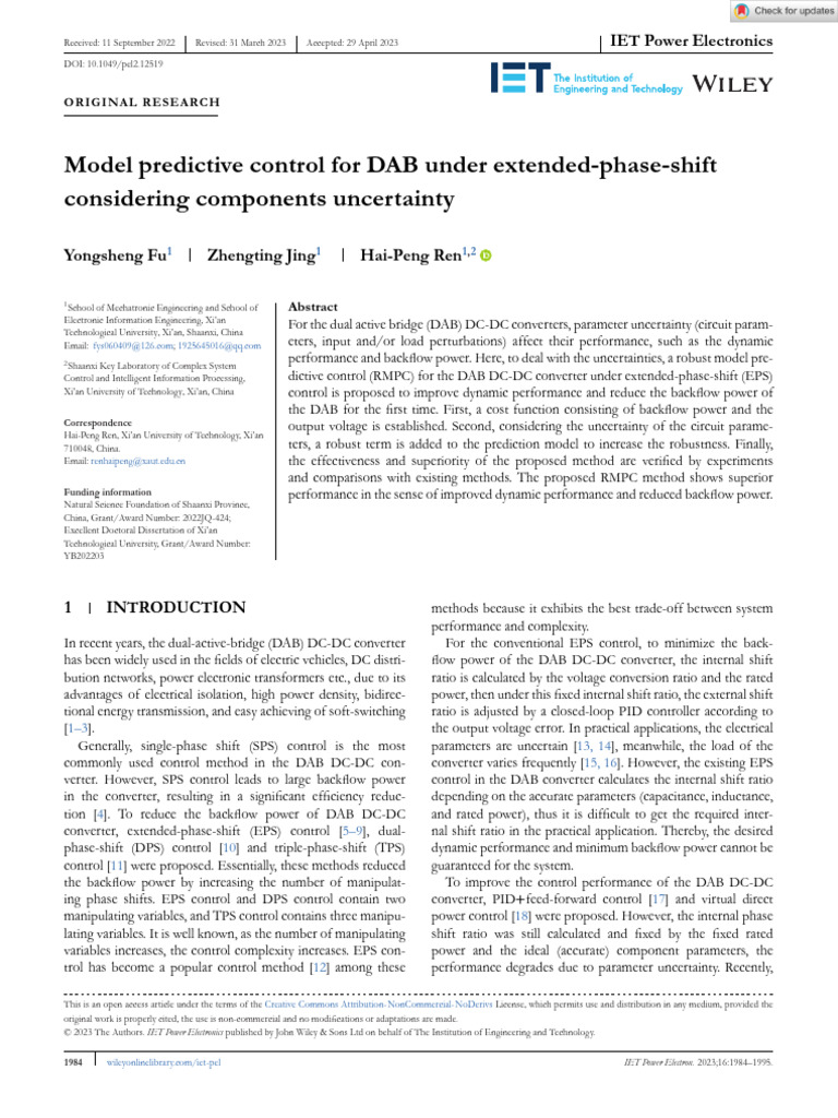 IET Power Electronics - 2023 - Fu - Model Predictive Control For DAB Under Extended Phase Shift ...
