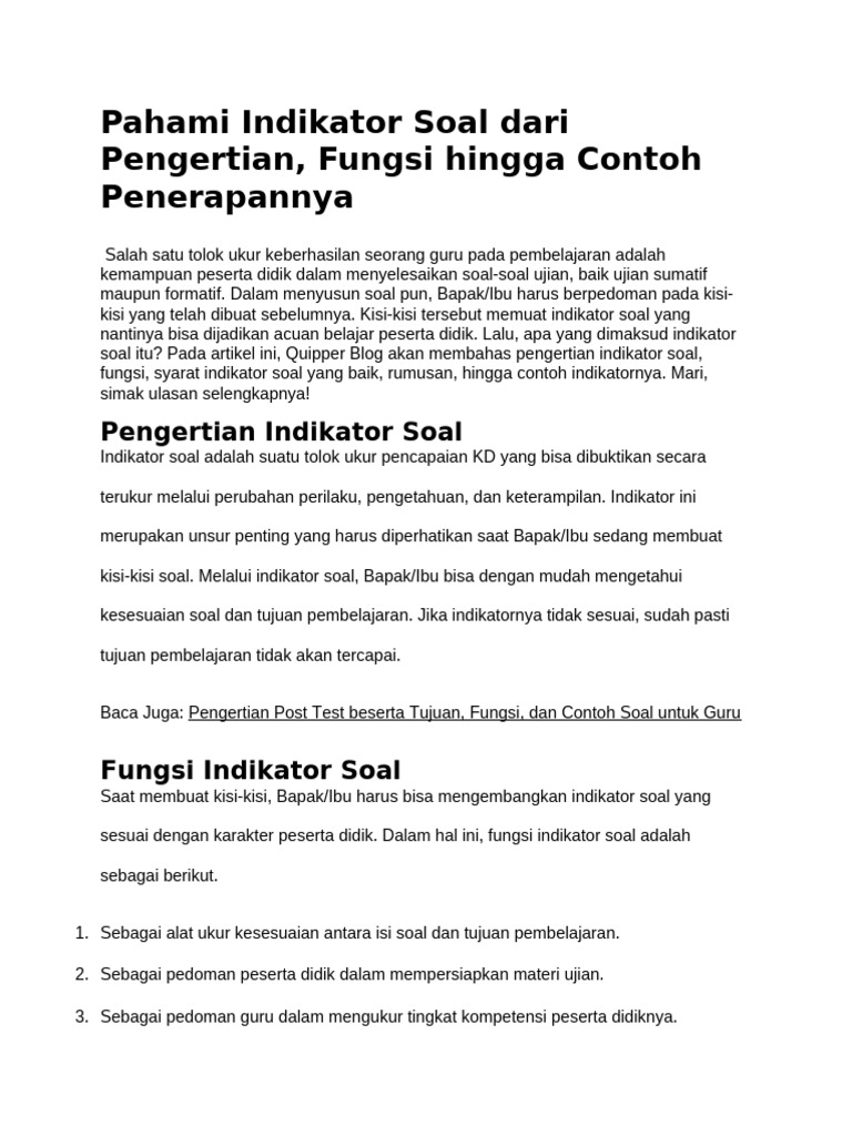 Indikator Soal: Pengertian dan Contoh | PDF