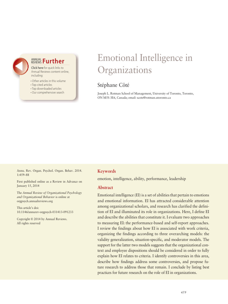 Côté 2014 Emotional Intelligence in Organizations | PDF | Emotional Intelligence | Emotions