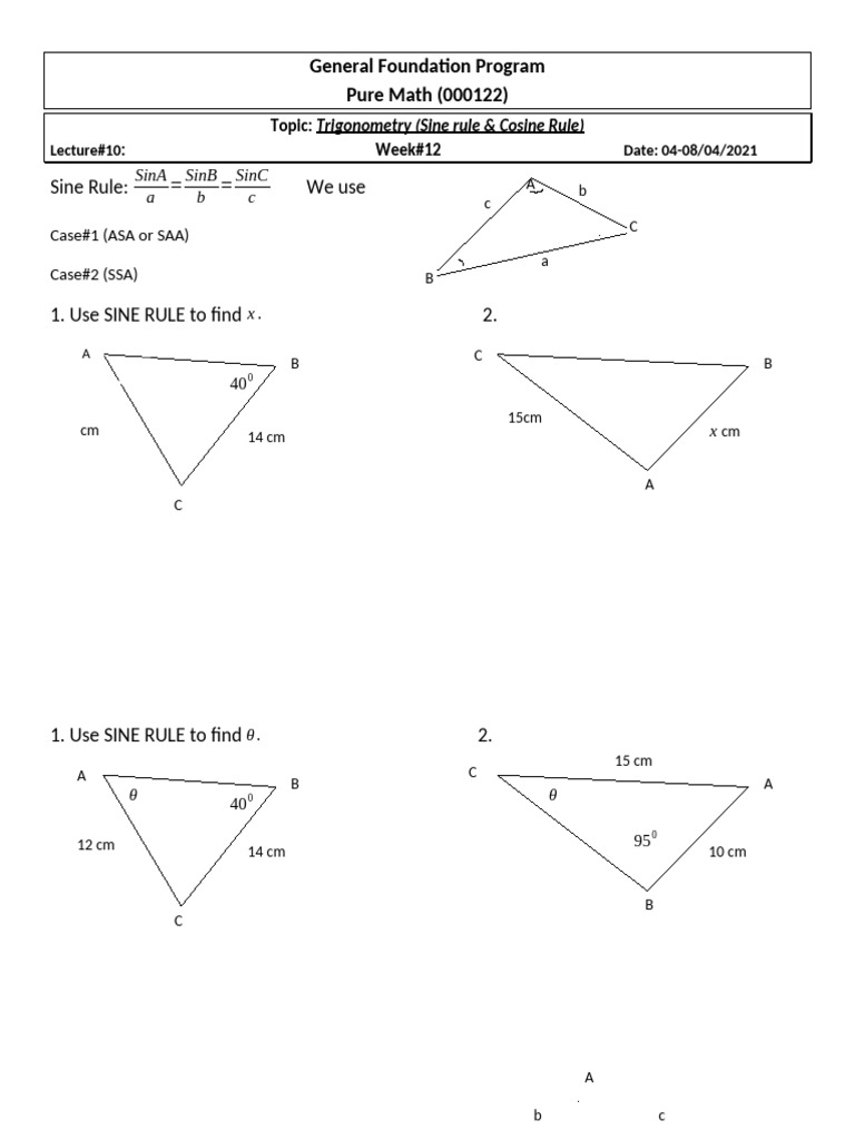 Lecture#10-Trigonometry (Sine Rule and Cosine Rule) | PDF | Mathematical Objects | Euclidean ...