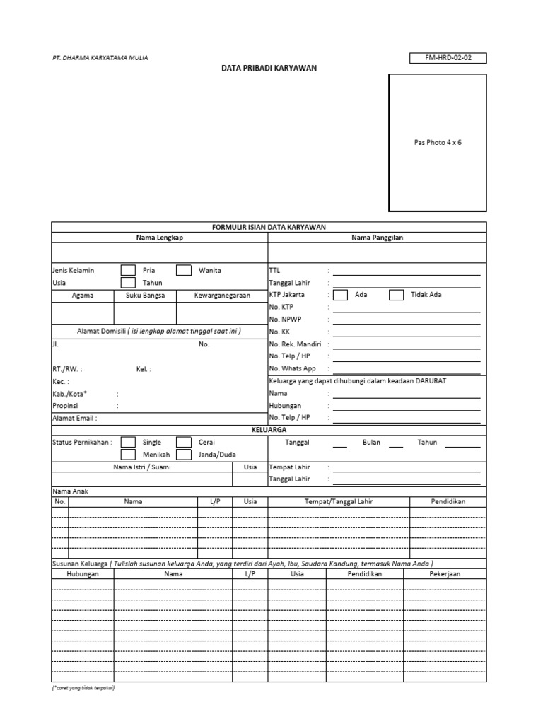 Form Biodata Karyawan | PDF