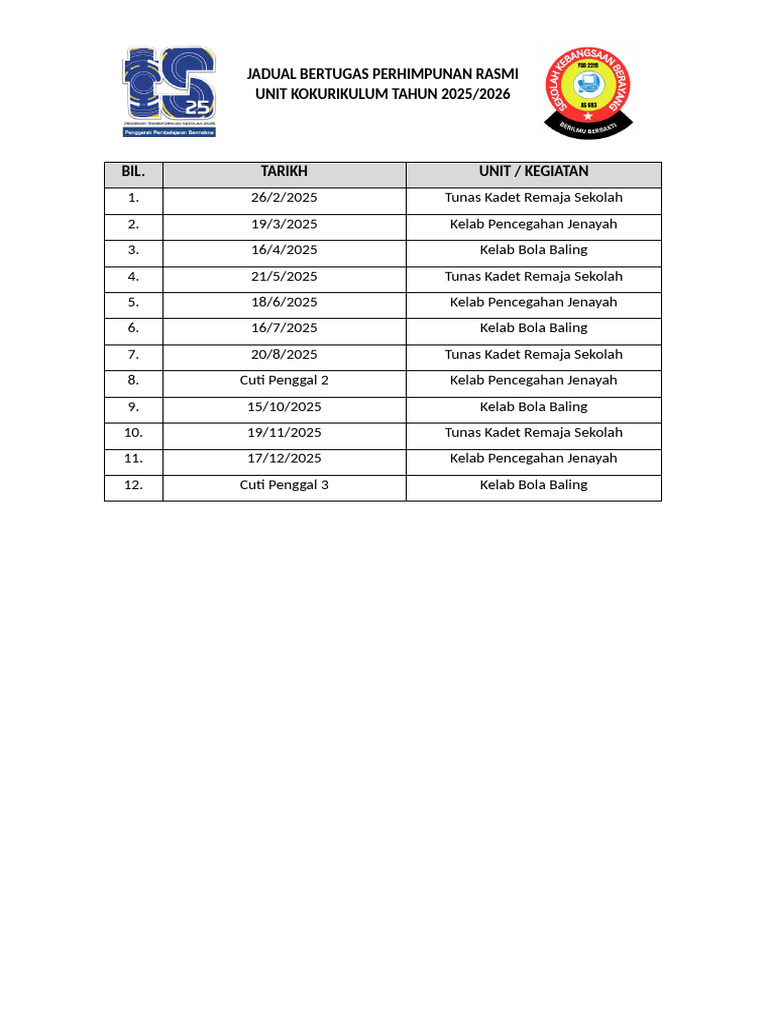 JADUAL BERTUGAS PERHIMPUNAN RASMI | PDF