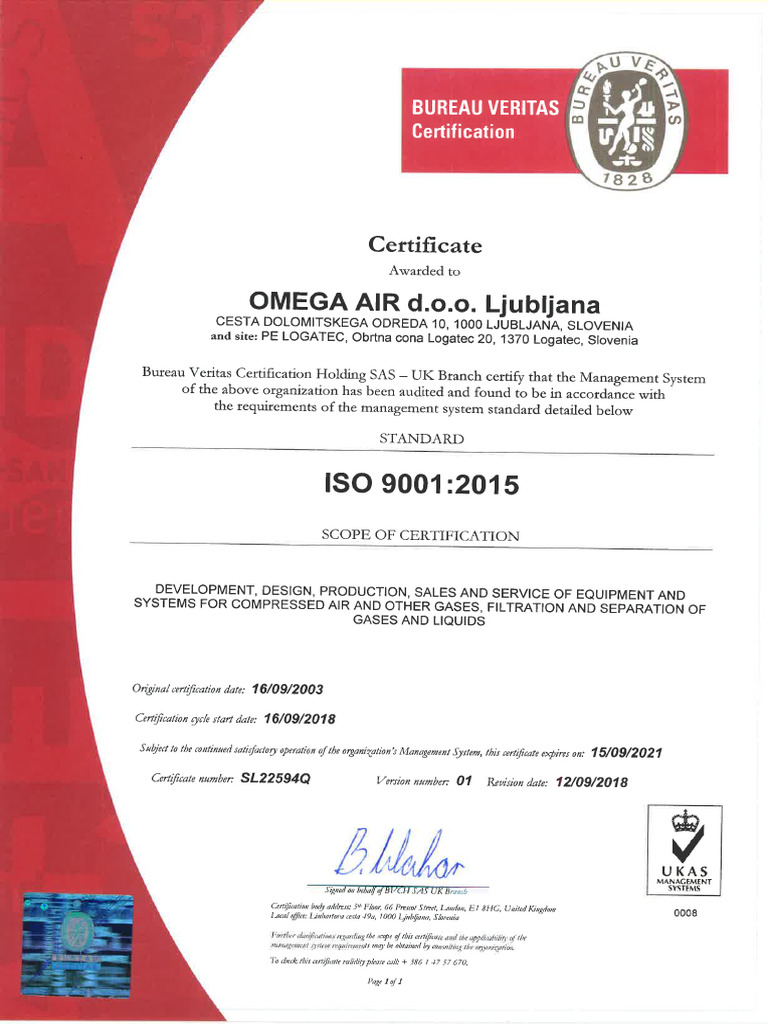 2019 Omega Air Certificate of Conformity ISO 9001 Eng | PDF