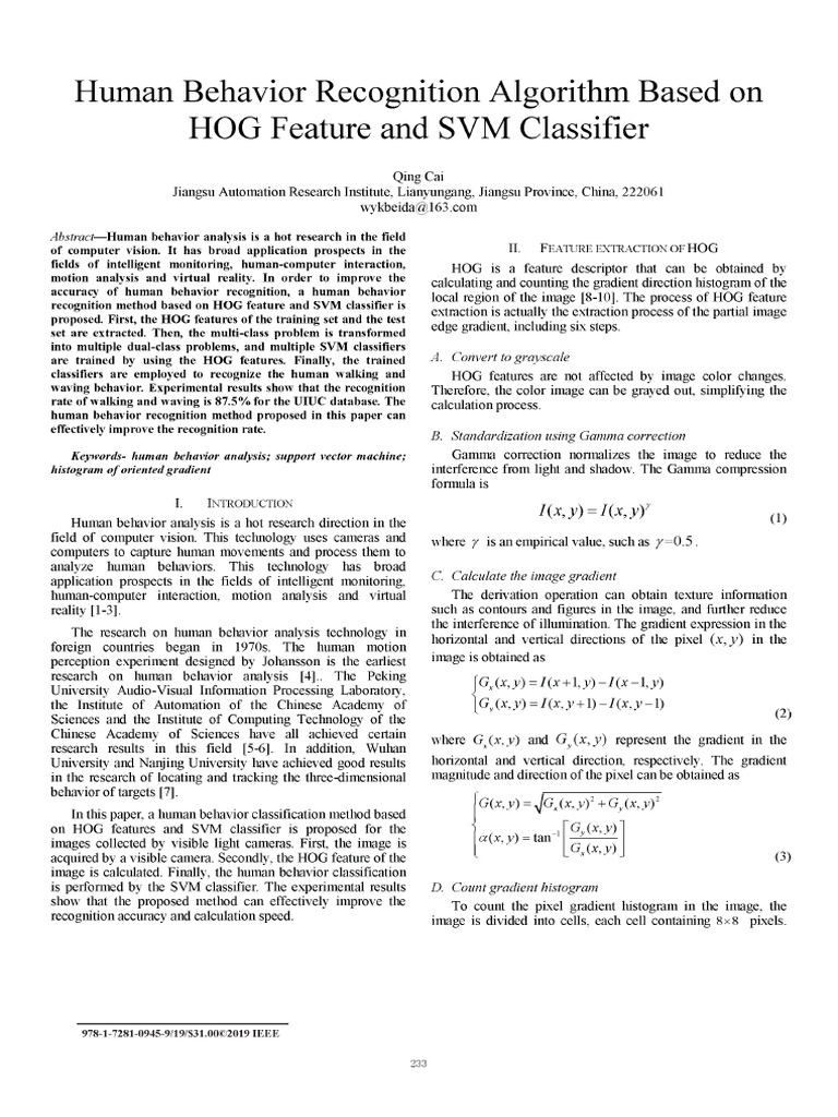 Human Behavior Recognition Algorithm Based On Hog Feature And Svm Classifier Pdf Support
