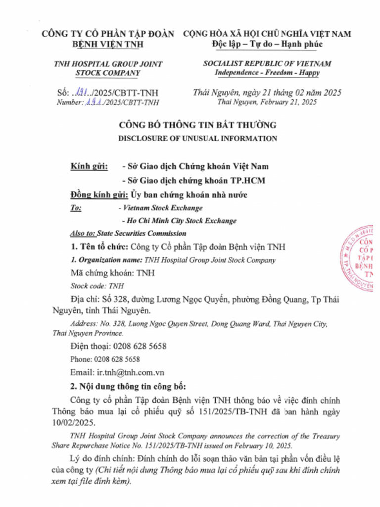 TNH CBTT Dinh Chinh Thong Bao Mua Lai Co Phieu Quy Da Ky | PDF
