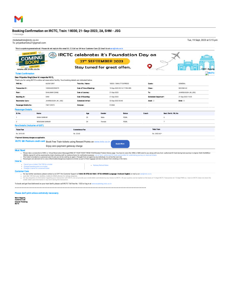 Gmail - Booking Confirmation On IRCTC, Train - 18030, 21-Sep-2023, 2A ...