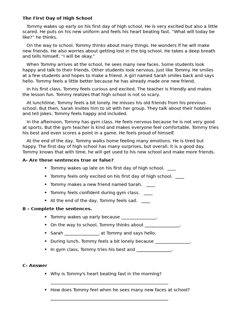 The First Day of School - Reading and Comprehension Activities | PDF