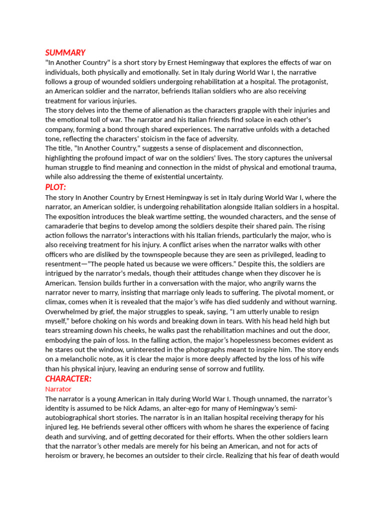 In Another Country Ernest Hemingway | PDF | Social Alienation