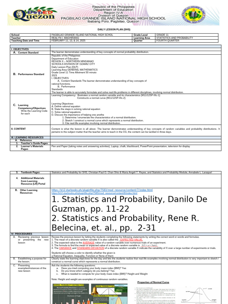 Grade 11 Statistics Lesson Plan | PDF | Probability Distribution | Mean