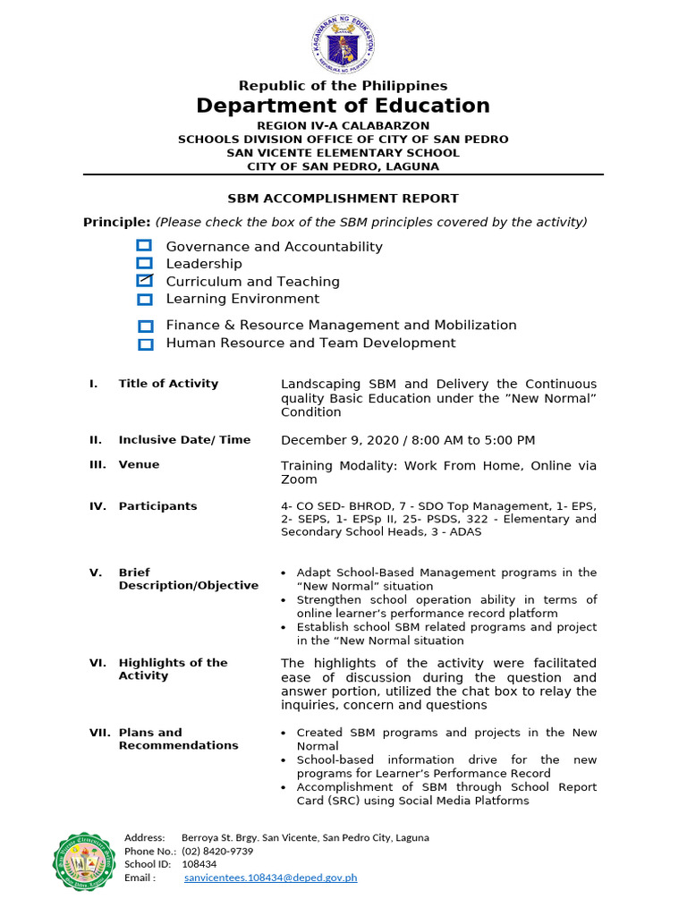 SBM Accomplishment Report 2020 | PDF | Teaching | Learning