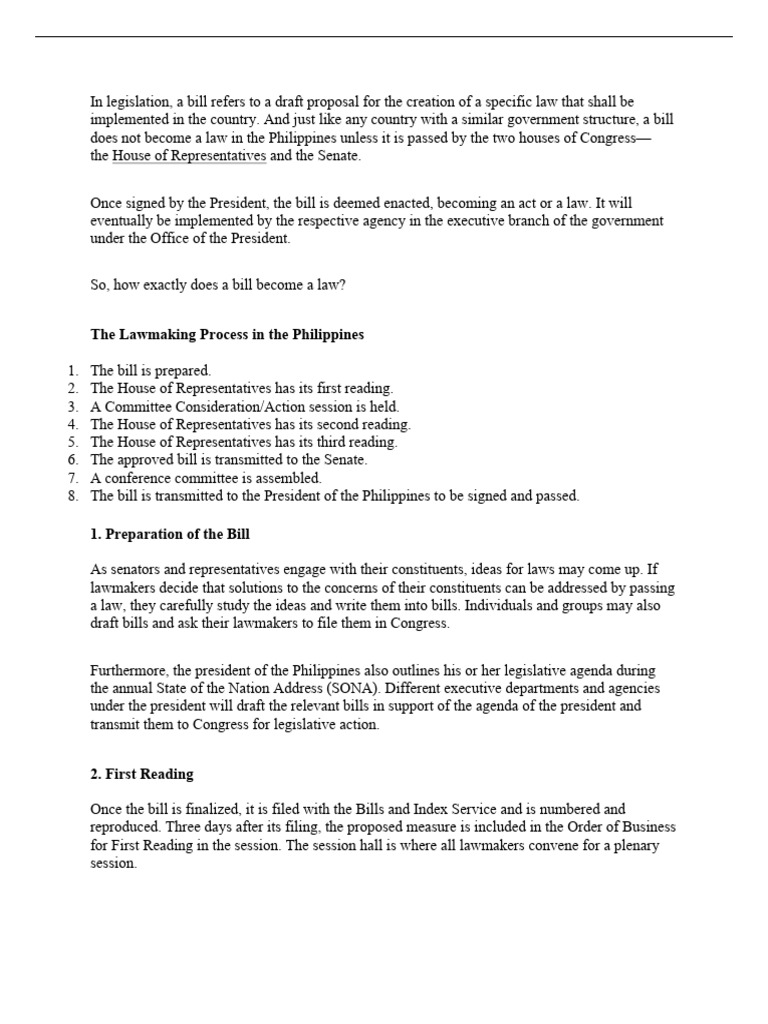 The Lawmaking Process in The Philippines 1 PDF | PDF | Bill (Law ...