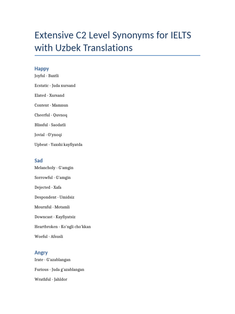 IELTS Extensive C2 Synonyms With Uzbek | PDF