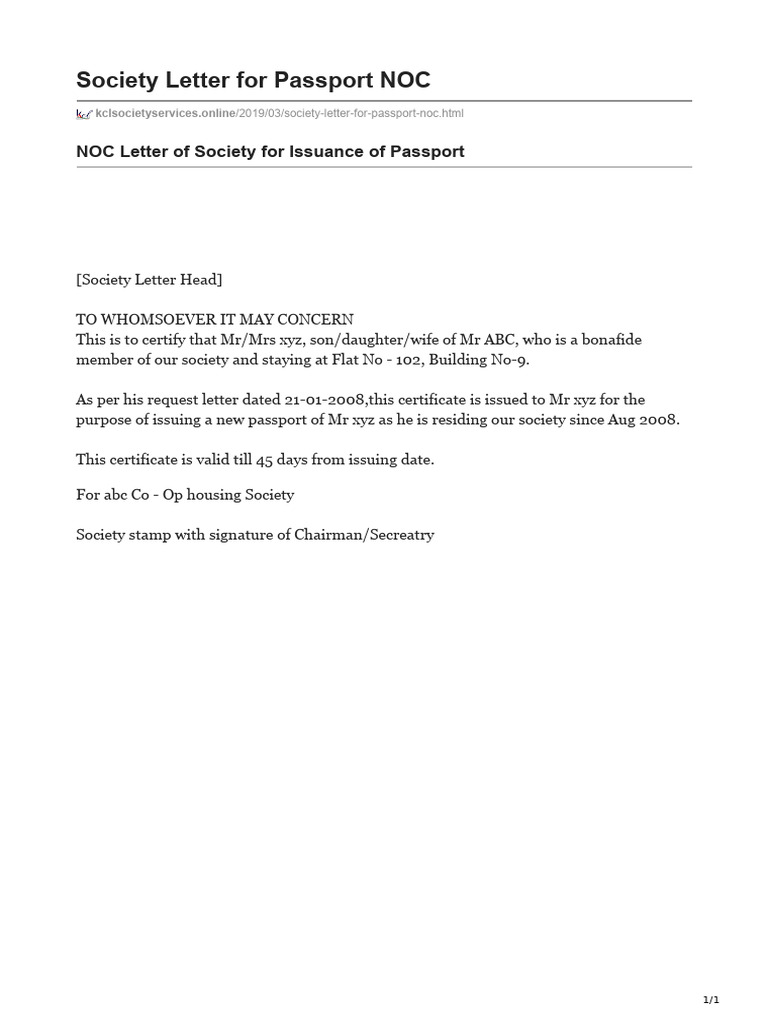 Society Letter For Passport NOC | PDF