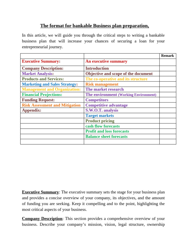Bankable Business Plan Preparation Format | PDF | Credit | Finance ...