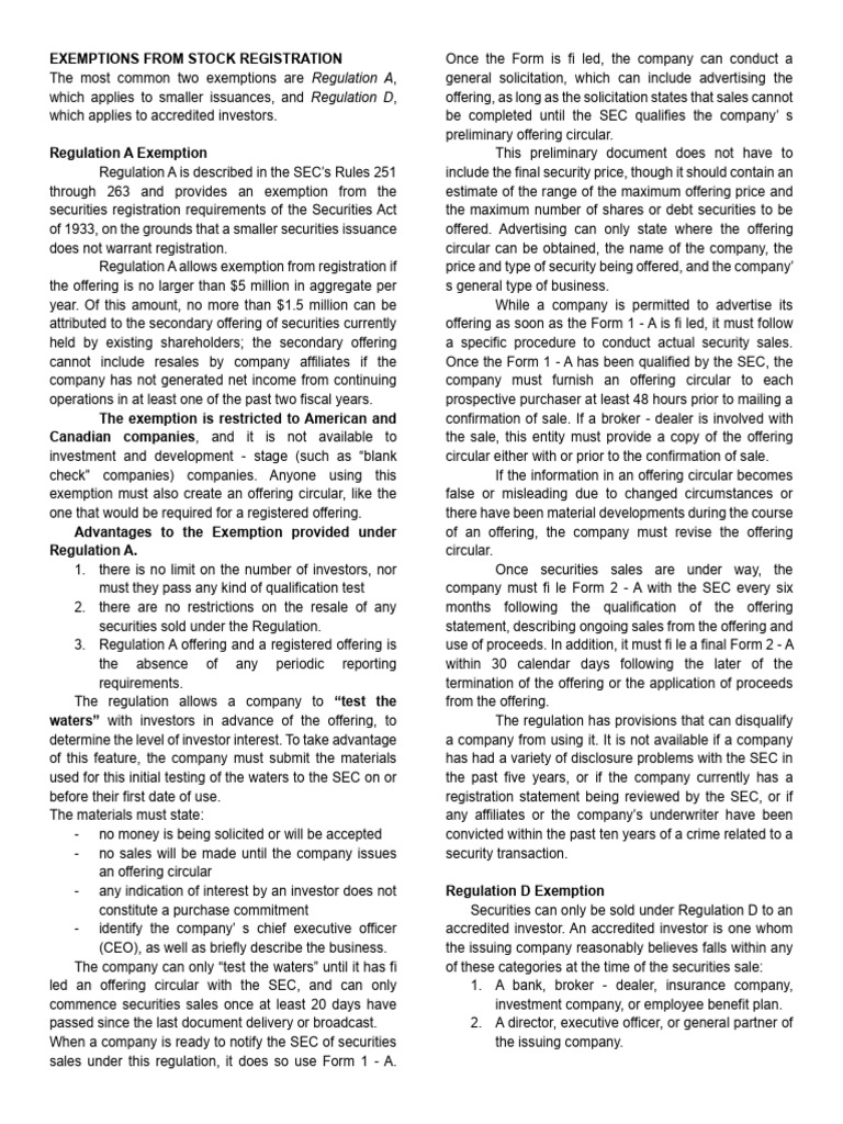 Stock Registration Exemptions Overview | PDF | Stocks | Securities ...